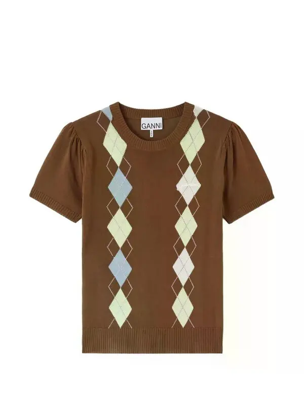 GANNI Argyle Puff-sleeve T-shirt - Brown
