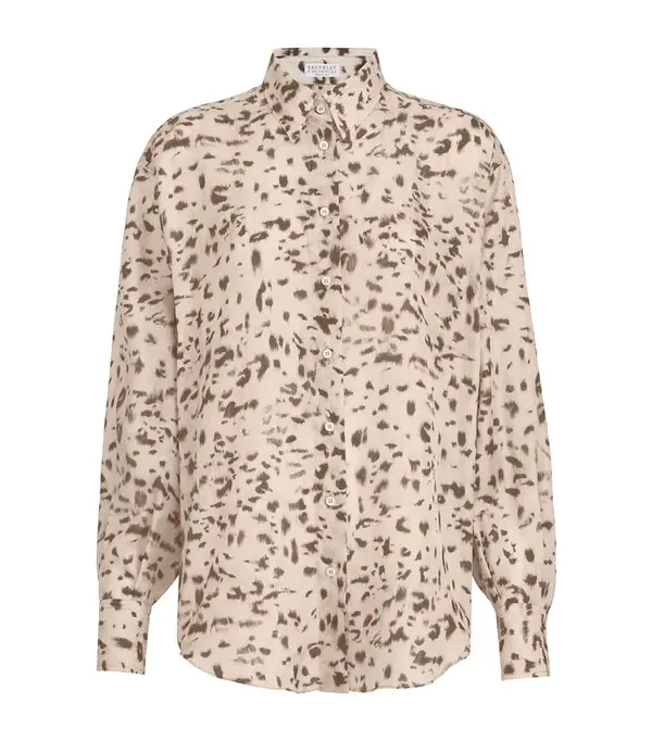Brunello Cucinelli Silk Lynx Print Relaxed Fit Shirt - Beige