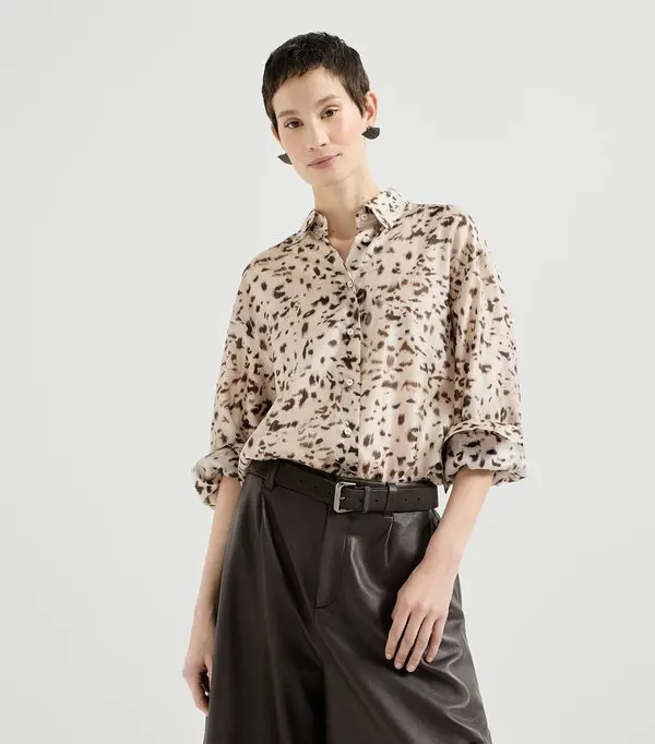 Brunello Cucinelli Silk Lynx Print Relaxed Fit Shirt