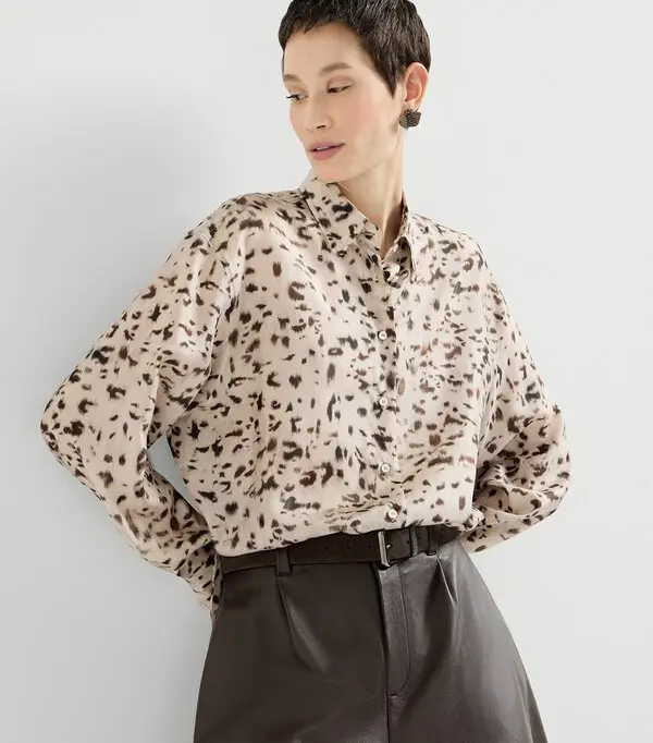 Brunello Cucinelli Silk Lynx Print Relaxed Fit Shirt