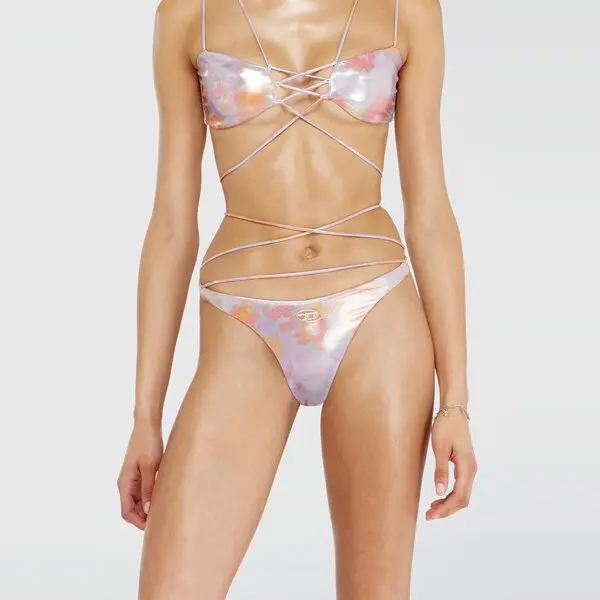 DIESEL® Strappy Metallic Floral Print Bikini Bottoms - Violet