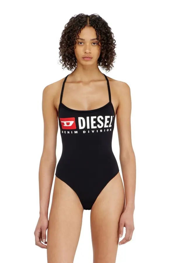 DIESEL® Cotton Bodysuit With T-back Straps And Logo Print - Black