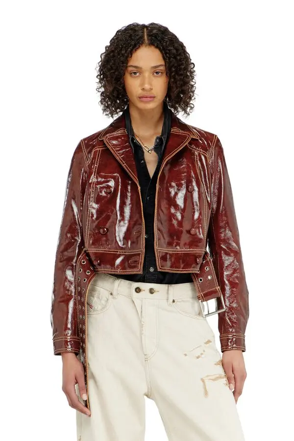 DIESEL® Patent Leather Cropped Jacket With Belt - Red