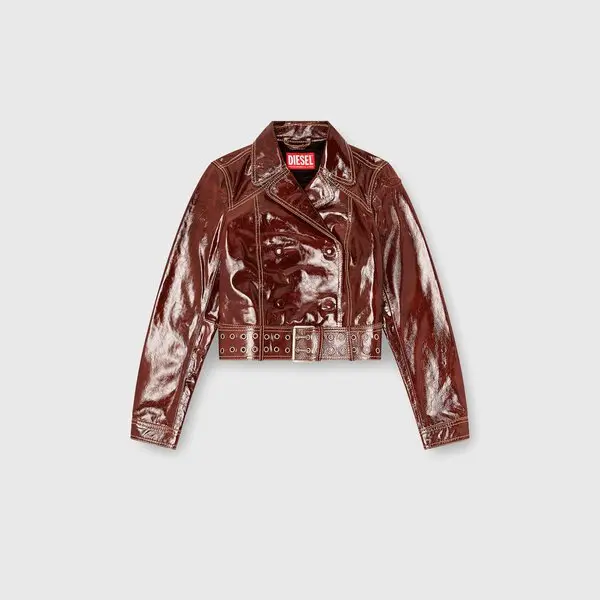 DIESEL® Patent Leather Cropped Jacket With Belt - Red