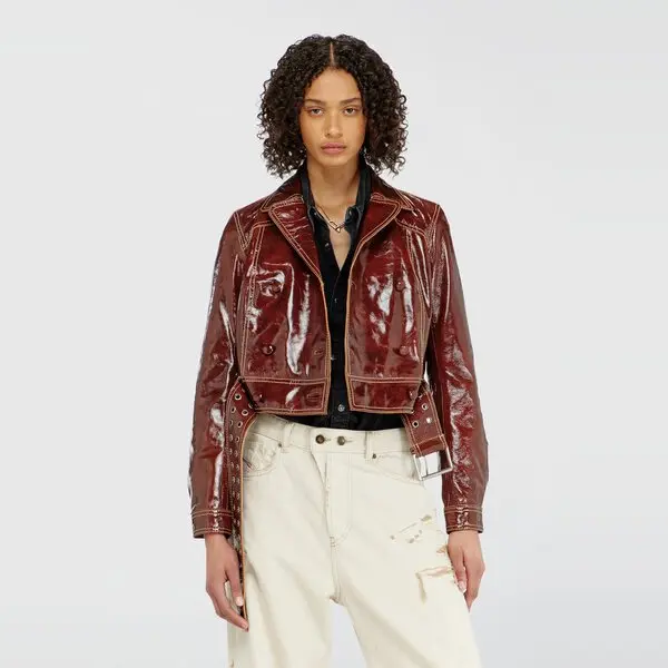 DIESEL® Patent Leather Cropped Jacket With Belt - Red