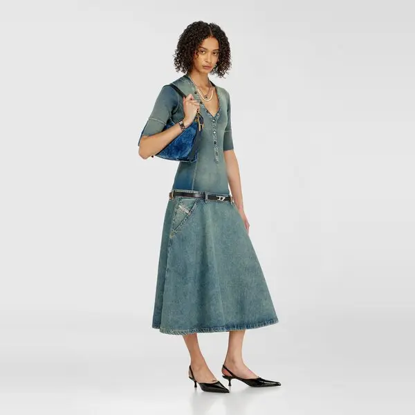 DIESEL® Drop-waist Midi Dress In Knit And Denim - Blue