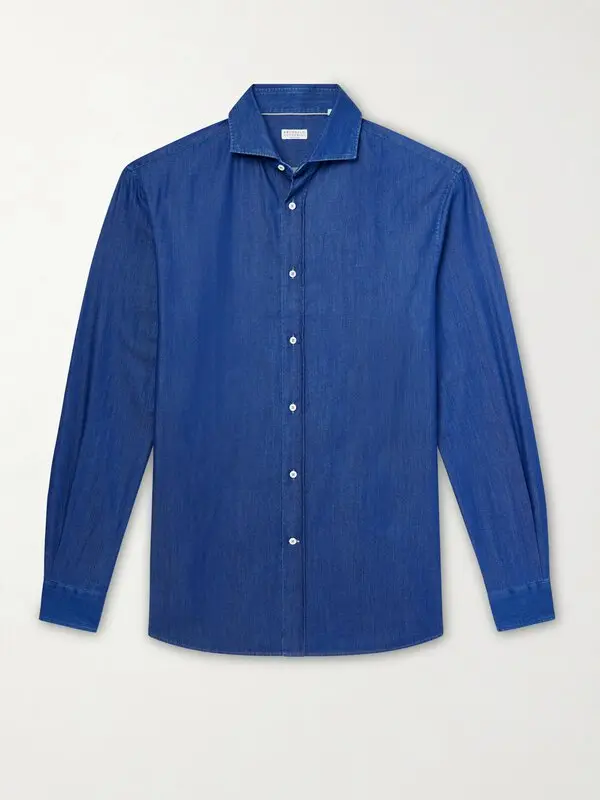Brunello Cucinelli Cutaway-collar Cotton-chambray Shirt - Blue