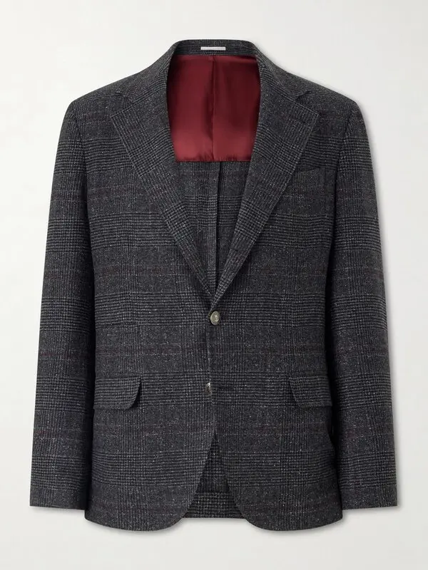Brunello Cucinelli Checked Silk, Wool And Cashmere-blend Suit Jacket - Brown