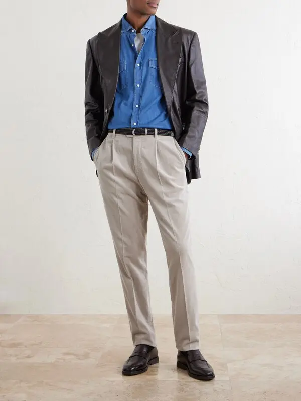 Brunello Cucinelli Tapered Pleated Cotton-corduroy Trousers - Neutrals