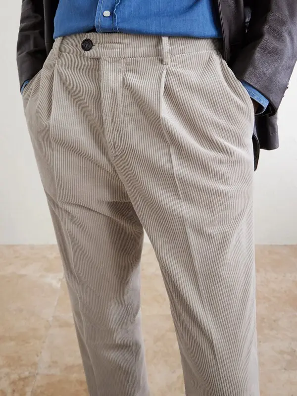 Brunello Cucinelli Tapered Pleated Cotton-corduroy Trousers - Neutrals