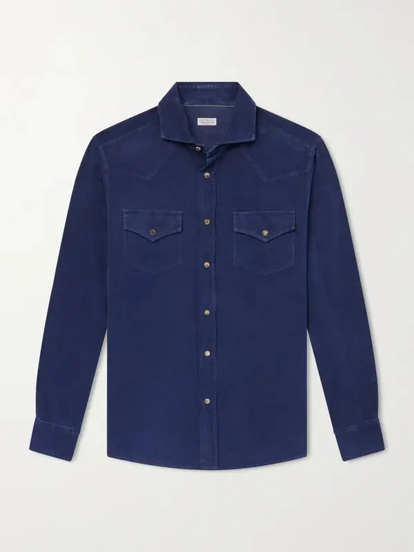 Brunello Cucinelli Cutaway-collar Cotton-corduroy Western Shirt - Blue
