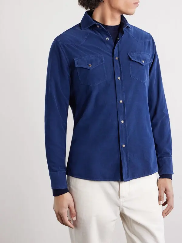 Brunello Cucinelli Cutaway-collar Cotton-corduroy Western Shirt - Blue