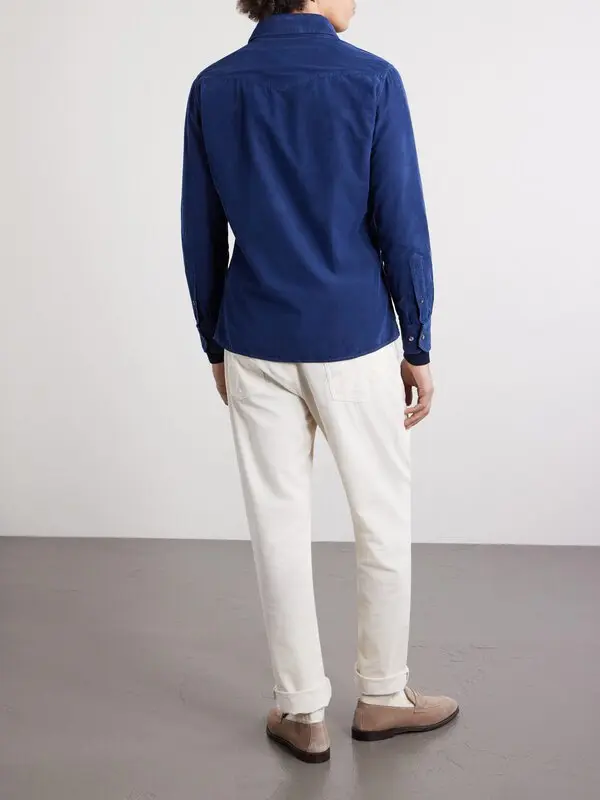 Brunello Cucinelli Cutaway-collar Cotton-corduroy Western Shirt - Blue