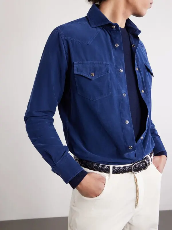 Brunello Cucinelli Cutaway-collar Cotton-corduroy Western Shirt - Blue