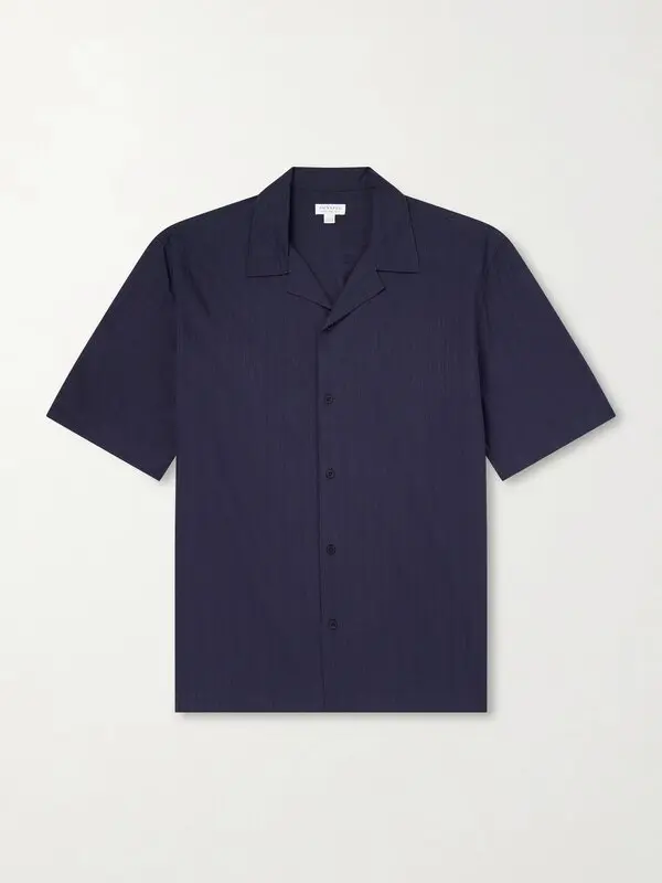 Sunspel Camp-collar Textured-cotton Shirt - Blue