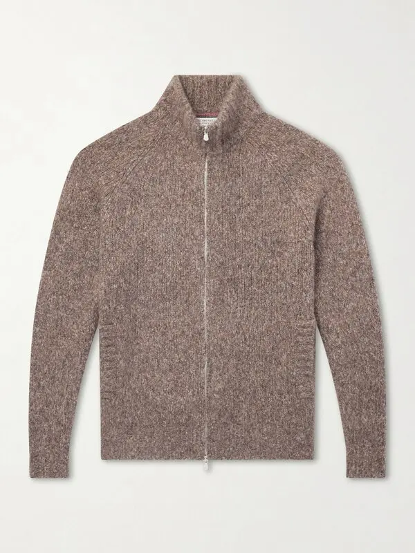Brunello Cucinelli Brushed Cashmere And Silk-blend Zipped Sweater - Brown