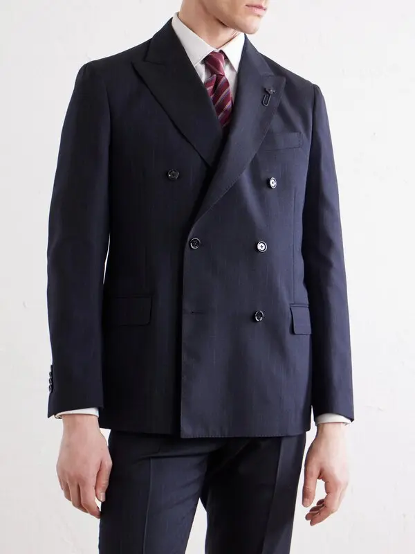 LARDINI Double-breasted Pintriped Wool Suit Jacket - Blue