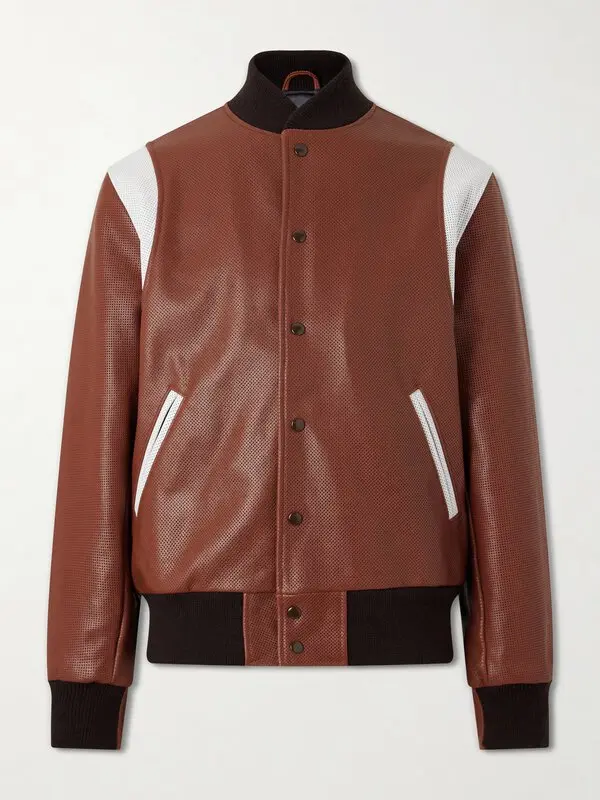 Golden Bear Perforated Leather Varsity Jacket - Brown