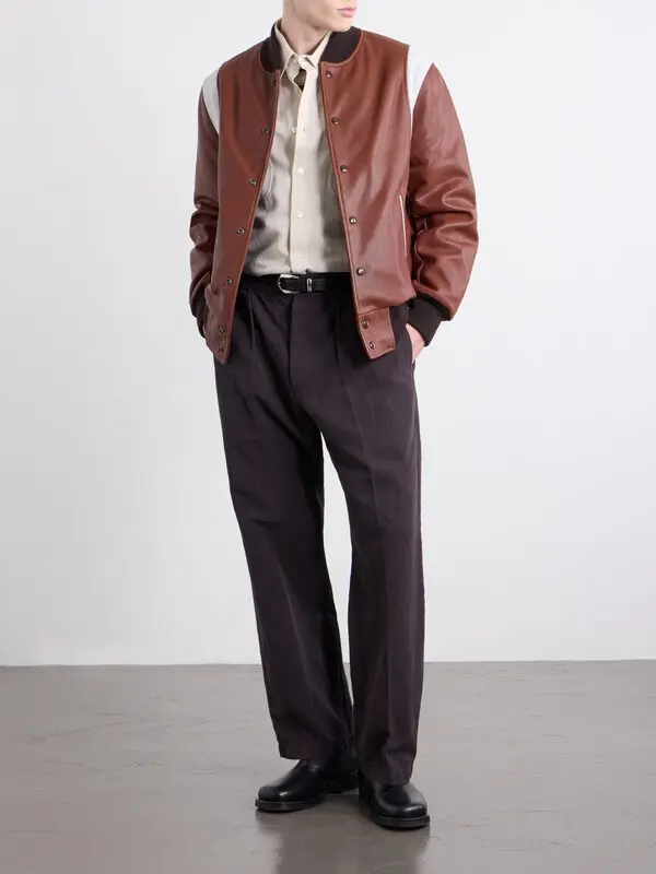Golden Bear Perforated Leather Varsity Jacket - Brown
