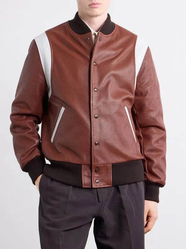 Golden Bear Perforated Leather Varsity Jacket - Brown
