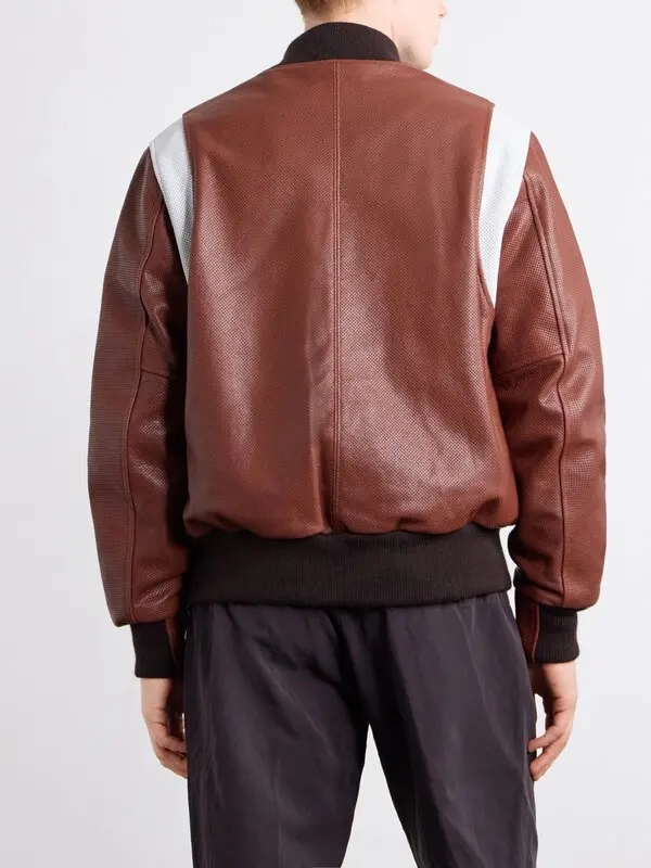 Golden Bear Perforated Leather Varsity Jacket - Brown