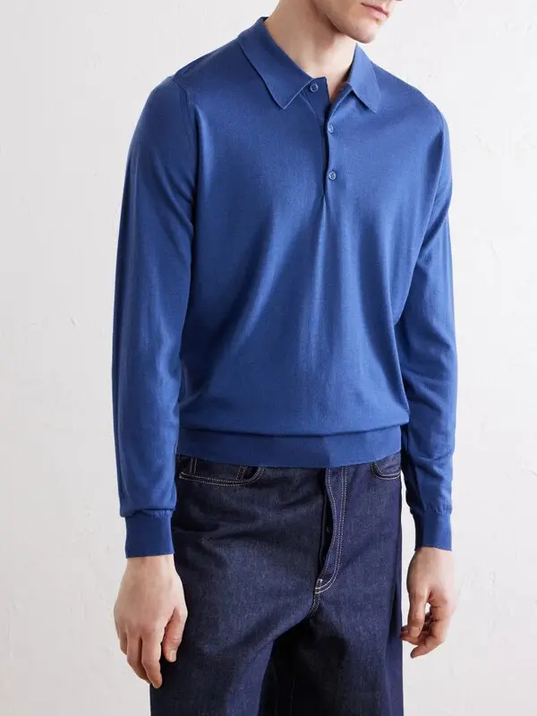 John Smedley Caverhill Knitted Merino Wool Polo Shirt - Blue
