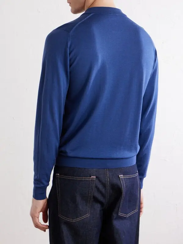 John Smedley Caverhill Knitted Merino Wool Polo Shirt - Blue