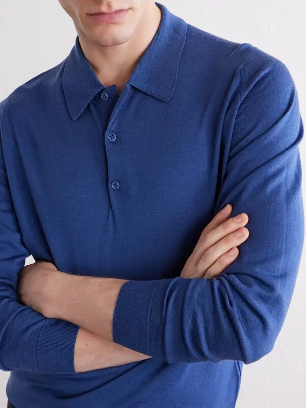 John Smedley Caverhill Knitted Merino Wool Polo Shirt - Blue