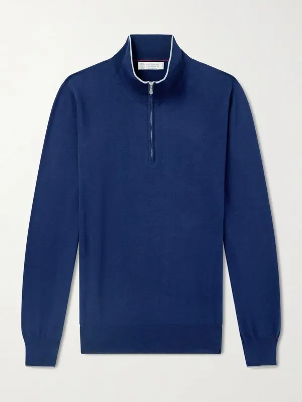 Brunello Cucinelli Cotton And Cashmere-blend Half-zip Sweater - Blue