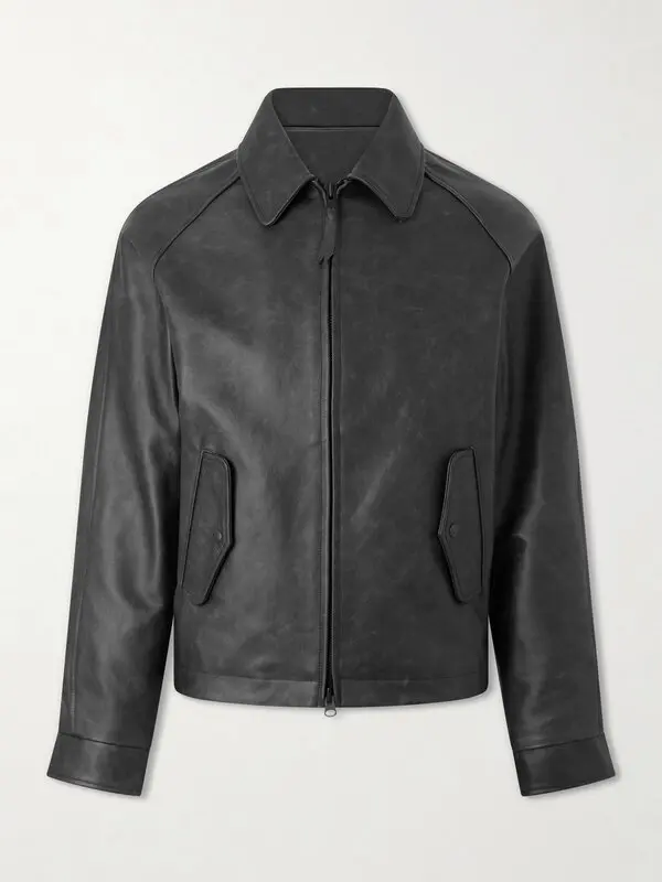 Golden Bear Dunbar" Distressed Leather Bomber Jacket - Black