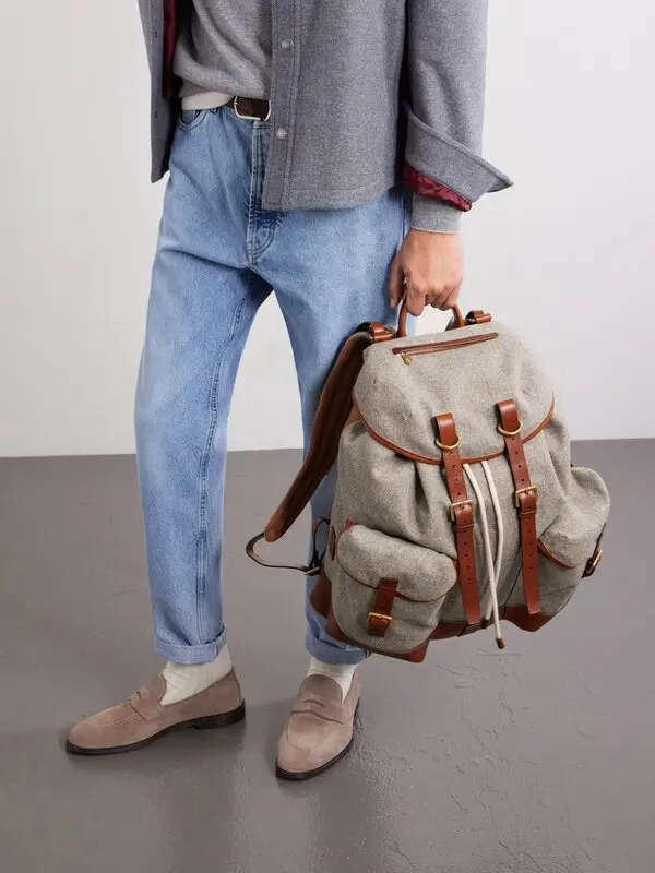 Brunello Cucinelli Flannel And Leather Trimmed Backpack
