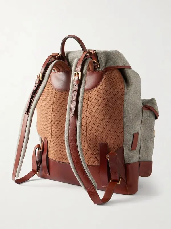 Brunello Cucinelli Flannel And Leather Trimmed Backpack