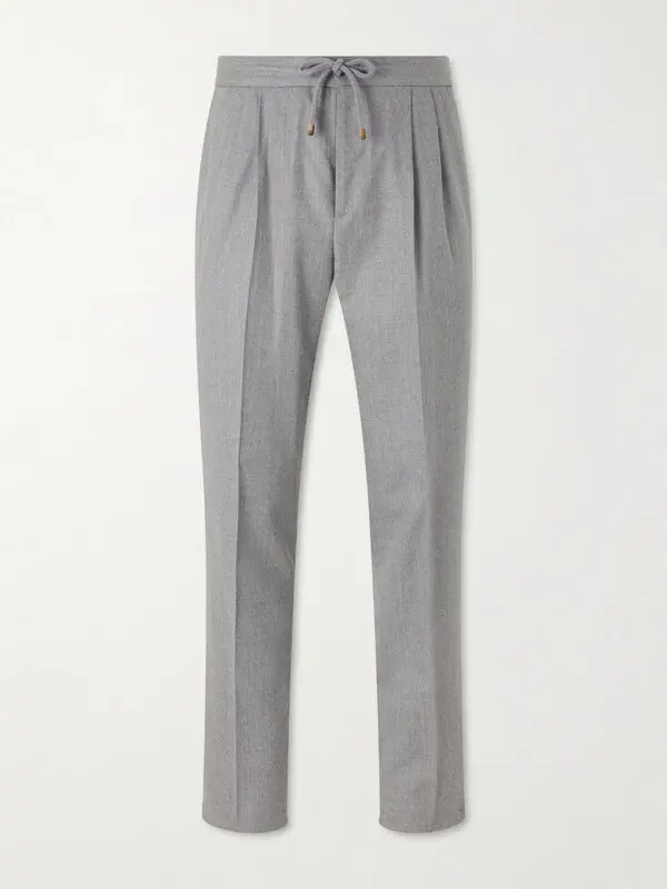 Brunello Cucinelli Tapered Pleated Virgin Wool-flannel Drawstring Trousers - Gray