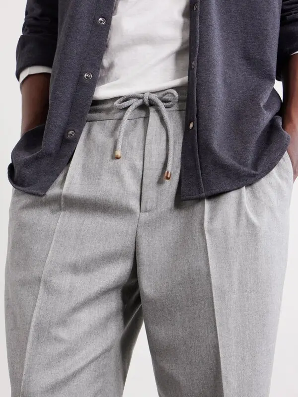 Brunello Cucinelli Tapered Virgin Wool-flannel Drawstring Trousers