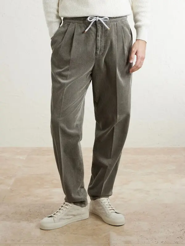 Brunello Cucinelli Straight-leg Cotton-corduroy Drawstring Trousers - Gray