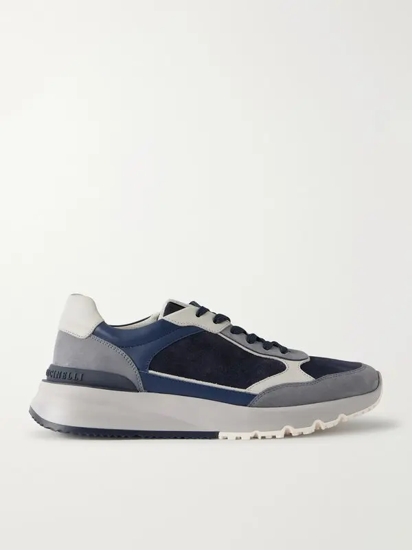 Brunello Cucinelli Paneled Suede And Leather Low-top Sneakers - Blue