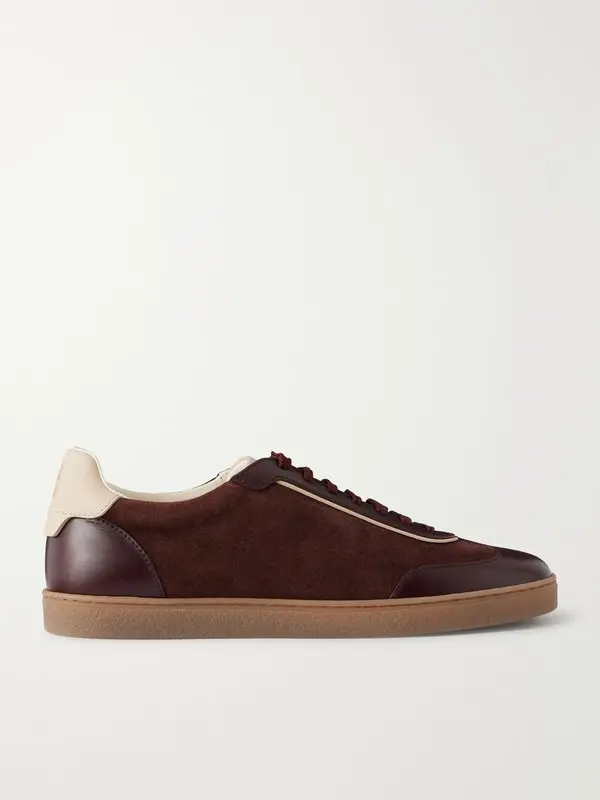 Brunello Cucinelli Leather-trimmed Waxed-suede Sneakers - Burgundy