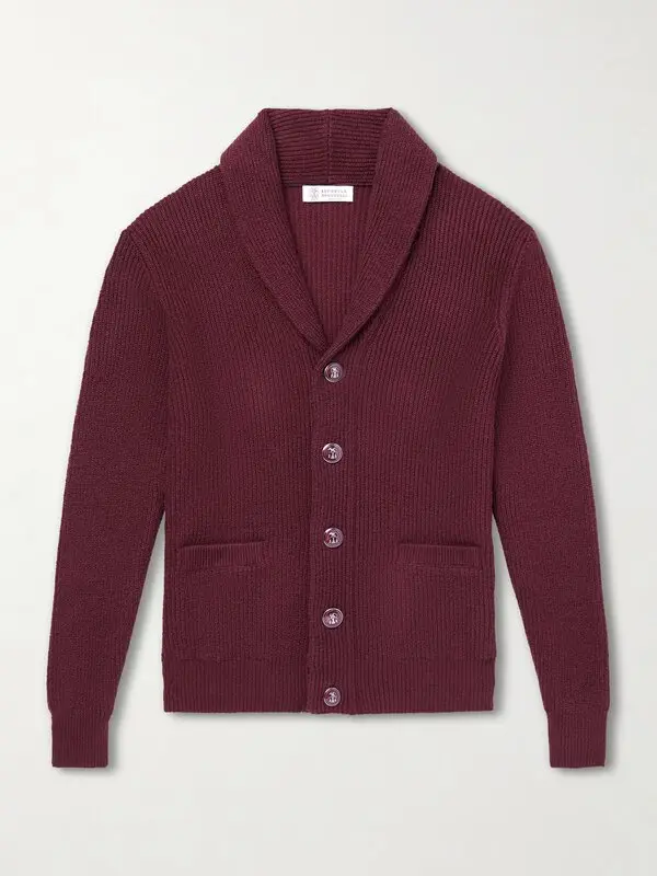 Brunello Cucinelli Shawl Collar Ribbed Cotton Cardigan - Burgundy