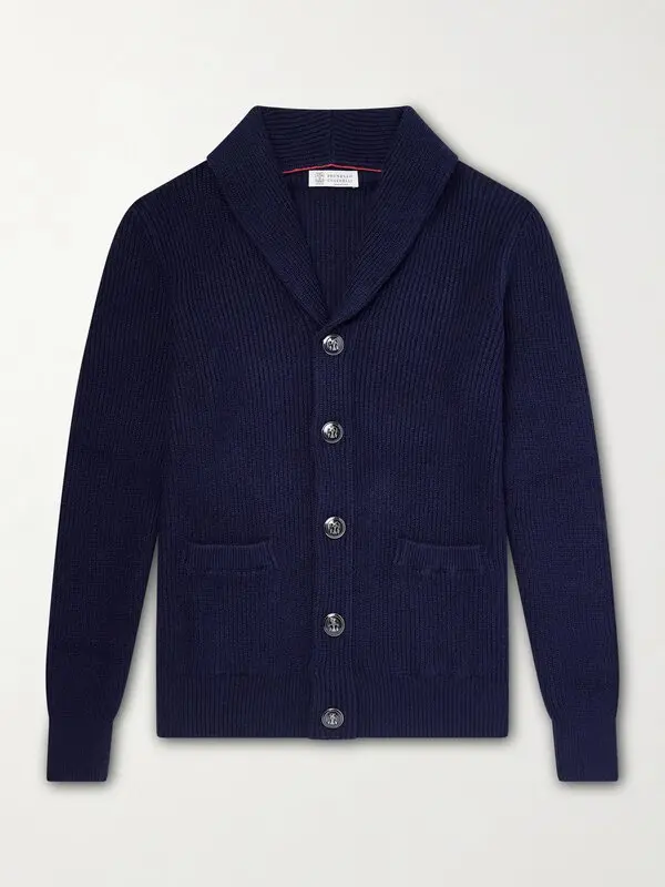 Brunello Cucinelli Shawl Collar Ribbed Cotton Cardigan - Blue