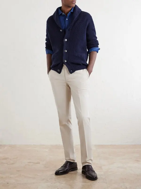 Brunello Cucinelli Shawl Collar Ribbed Cotton Cardigan
