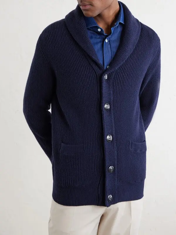 Brunello Cucinelli Shawl Collar Ribbed Cotton Cardigan