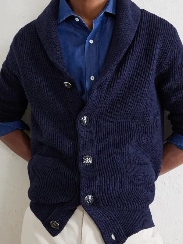 Brunello Cucinelli Shawl Collar Ribbed Cotton Cardigan