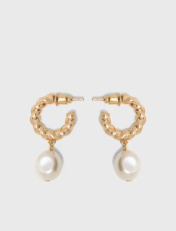 Maje Twisted Bead Hoop Earrings With Dangling Pearl - Golden
