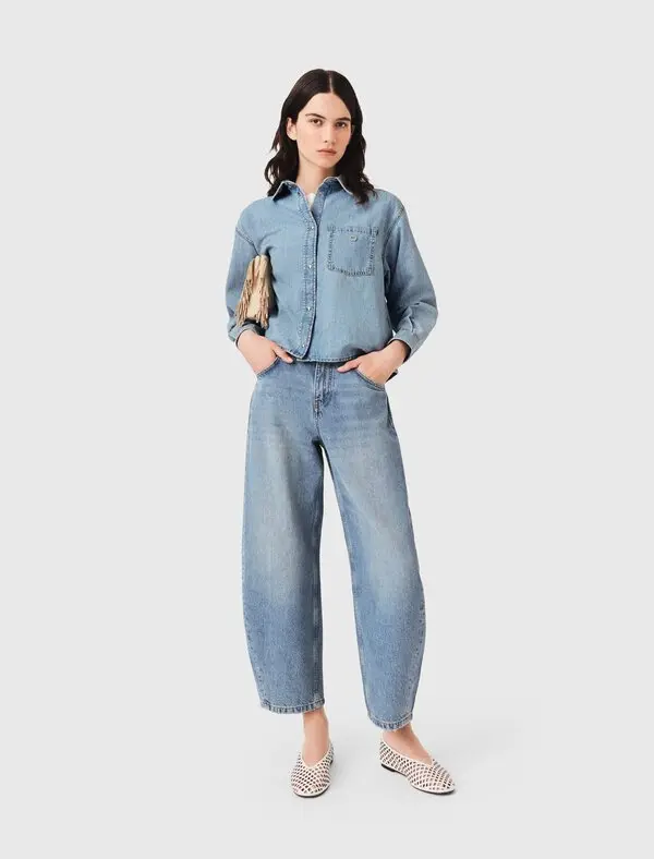 Maje Cropped Denim Shirt With Metallic Logo Detail
