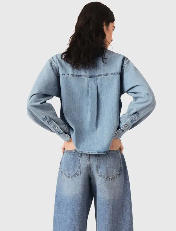 Maje Cropped Denim Shirt With Metallic Logo Detail
