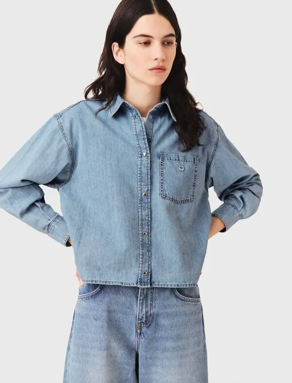Maje Cropped Denim Shirt With Metallic Logo Detail