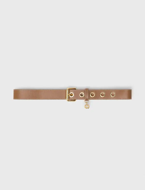 Maje Leather Belt With Oversized Eyelets And Gold Tone Hardware - Moka