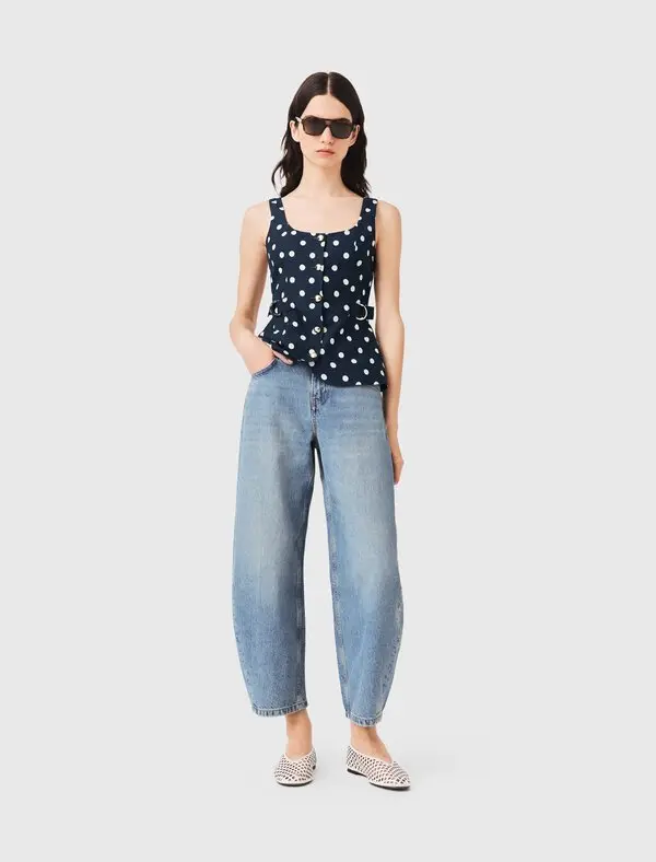 Maje Sleeveless Polka Dot Linen Blend Top - Navy Dots Print