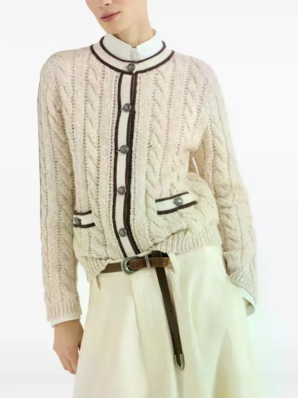 Brunello Cucinelli Soft Virgin Wool And Cashmere Diamond Yarn Cable-knit Cardigan - Neutrals