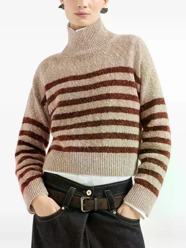 Brunello Cucinelli Soft Virgin Wool And Cashmere Turtleneck Sweater With Sequined Stripes - Neutrals